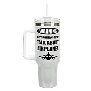 Elanze Designs Warning May Talk About Airplanes Pilot 40 oz. Stainless Steel, Large Water Bottle Coffee Mug, Spill & Leak Resistant, Thermal Travel Tumbler with Handle, Lid & Straw, White Shimmer
