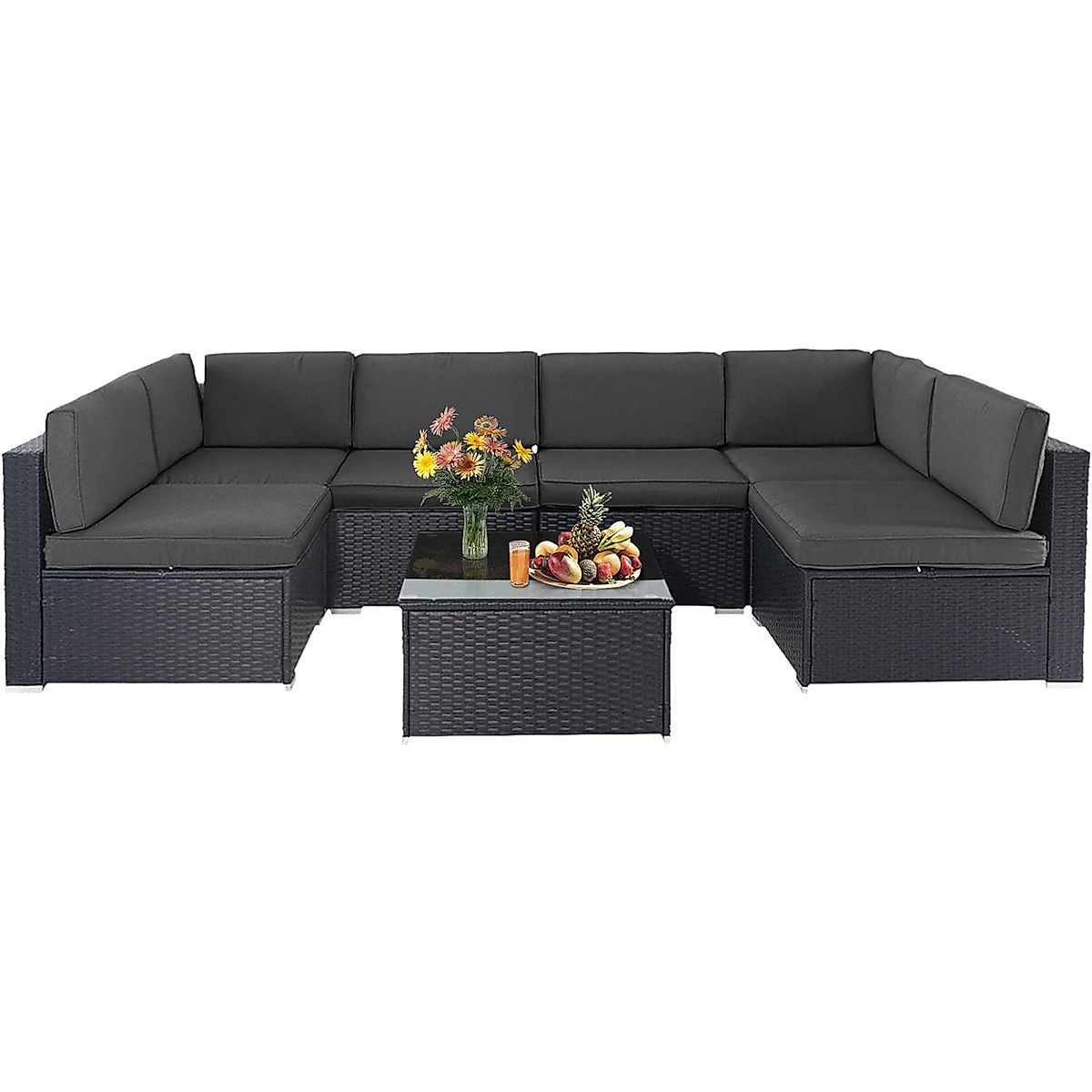 Betterland 7 Piece Outdoor Sectional Sofa Patio Furniture Set, All-Weather PE Rattan Wicker Patio Conversation Set with Washable Cushion and Glass Table(Grey)