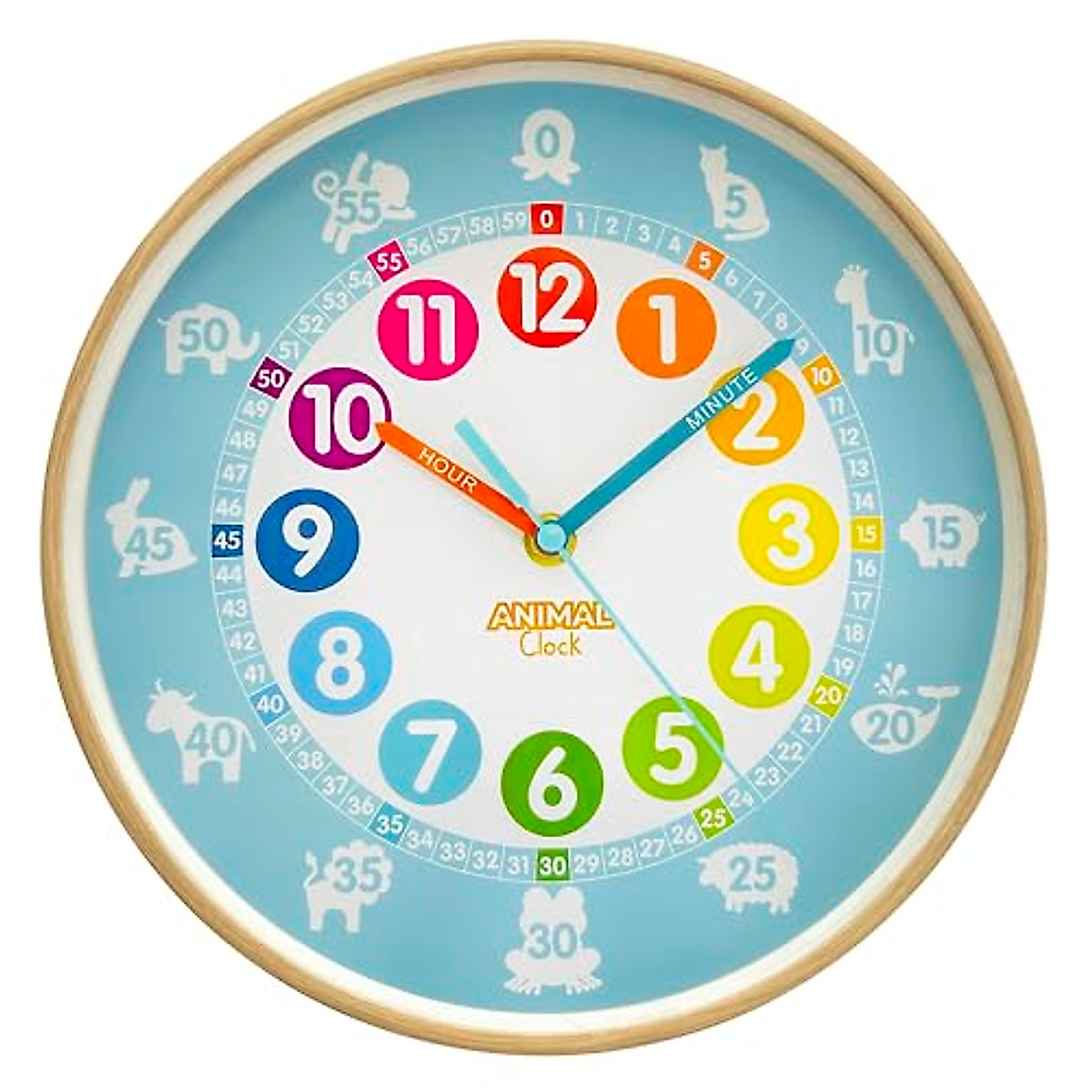 Animal Preschool Clock - Time Teacher 10 Inch Educational Silent Wall Clock with Wood Look Frame - Easy to Read Dial for Teacher's Classrooms, Preschooler's Bedroom & Children Playroom