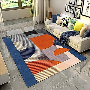 Modern Abstract Area Rug, 5x7ft, Blue Orange Gray Modern Geometric Rug Pad, Luxurious Fashion Minimalistic Art Design Anti-Slip Washable Carpet for Living Room, Indoor Rugs for Bedroom Dorm Hotel
