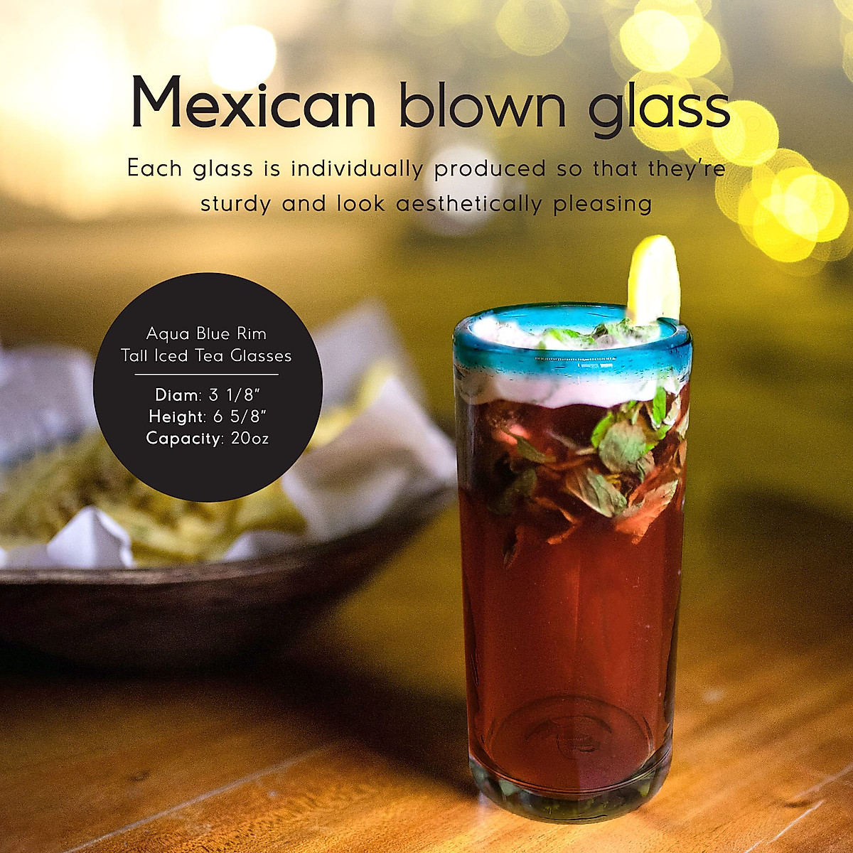 MexHandcraft Aqua Blue Rim 20 oz Tall Iced Tea Glasses, set of 6, Mexican Handmade Glassware, Recycled Glass, Lead & Toxin Free (Tall Iced Tea)