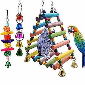 JpGdn 3PCS Bird Toys Hanging Bell Wooden Bridge Triangle Hammock Swing Parrot Chewing Toy for Small Parakeets Cockatiels Conures Macaws Parrots Love Birds Finches