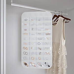 DonYeco Hanging Jewelry Organizer Storage, 40 Pockets 36 Hooks Necklace Earring Necklace Bracelet Ring Organizer, Double - Sided Design, White