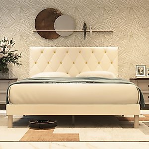Mhjinuwet Queen Size Bed Frame, Velvet Upholstered Platform with Headboard, Easy Assembly, No Box Spring Needed, Non-Slip and Noise-Free with Strong Wooden Slats (Beige, Queen (U.S. Standard))