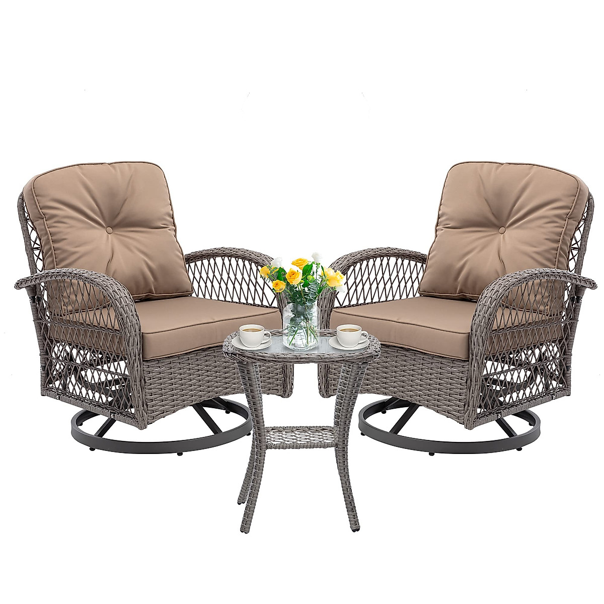 HOMEFUN Outdoor Swivel Rocker Patio Chairs, 3 Pieces Patio Bistro Set Wicker Furniture Set 360 Degree Swivel Chairs with Cushions and Coffee Table