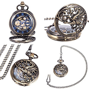 ManChDa Mens Antique Skeleton Mechanical Pocket Watch Dragon Hollow Hunter with Chain and Box