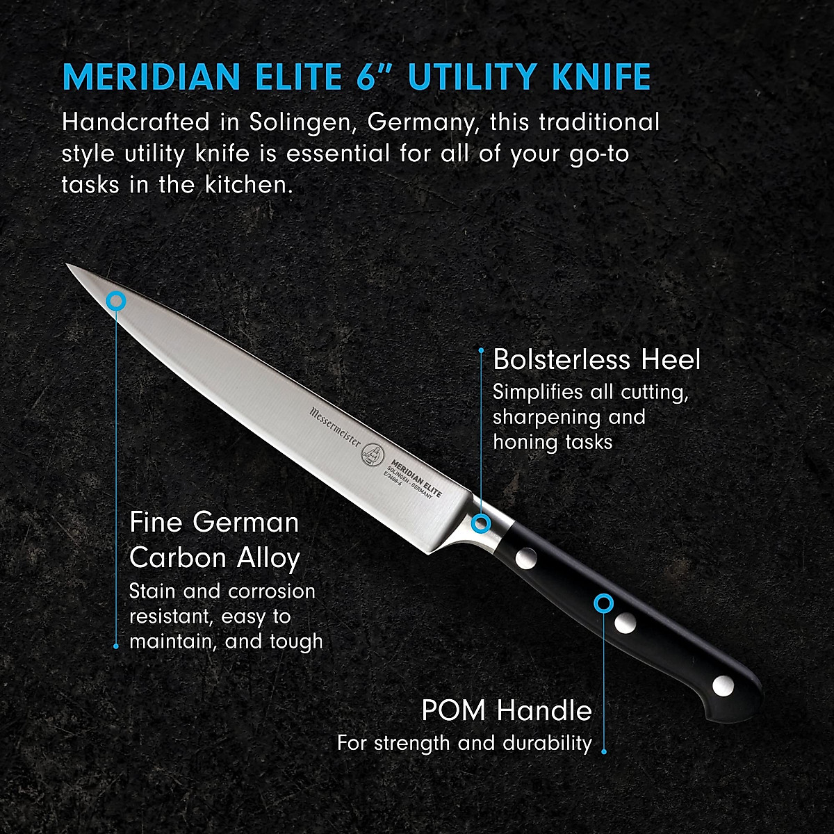 Messermeister Meridian Elite 6” Utility Knife - Fine German Steel Alloy Blade - Rust Resistant & Easy to Maintain