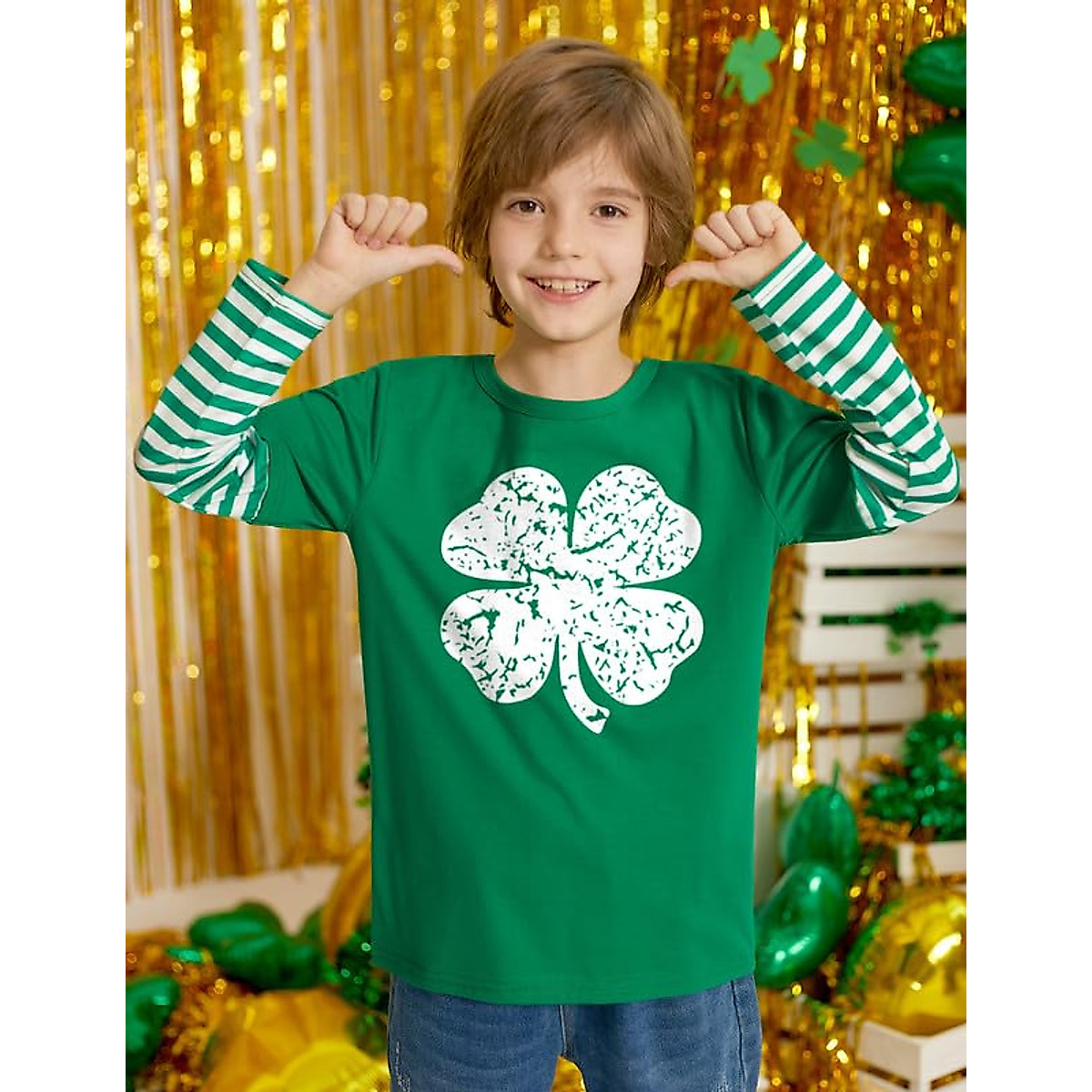 BesserBay Boy's Sanit Patricks Day Clover Shirt Irish Long Sleeve Green Top for Girls 9-10 Years