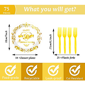 75 Pcs 50th Anniversary Wedding Party Supplies,50th Anniversary Wedding Party Tableware Set 7" 50 Years Golden Paper Plates Fork Fifty Anniversary Party Decorations 50th Brithday Party Decorations