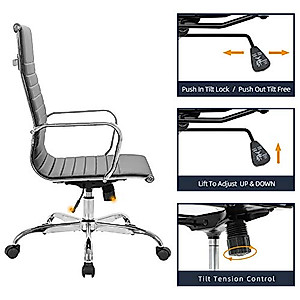 LANDSUN Modern High Back Office Chair PU Leather Ribbed Swivel Tilt Adjustable Home Desk Chair with Armrest Executive Conference Black