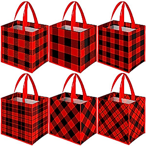 Aneco 12 Pieces Christmas Gift Bags Red and Black Plaid Reusable Non-woven Bags Christmas Treat Bags Tote Bag with Handles 9.8 x 7.9 x 9.8 Inch Party Favors