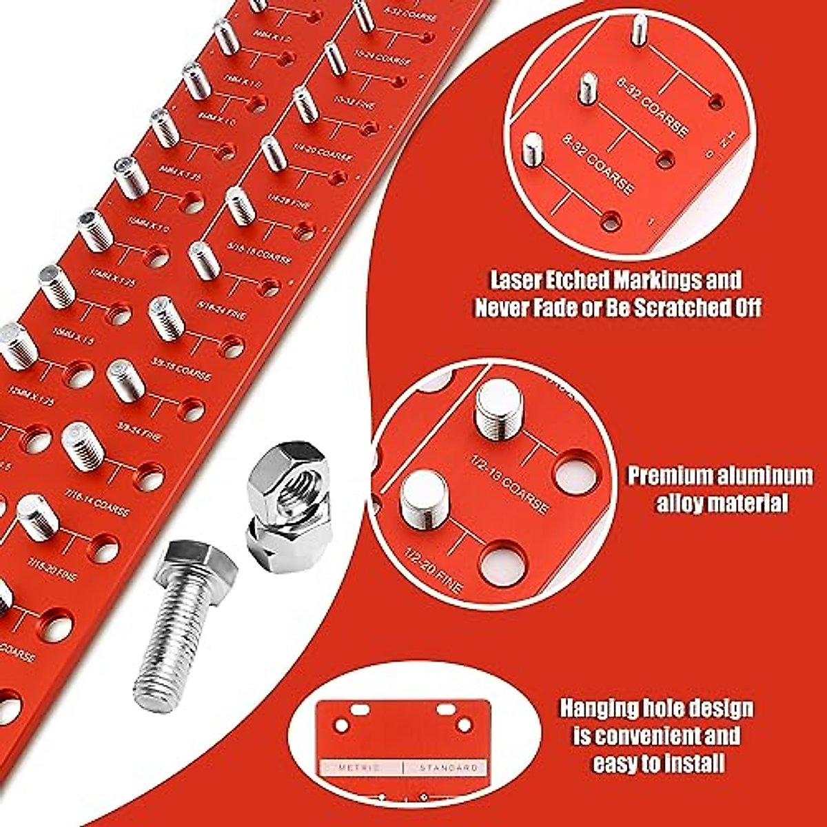 Retisee 28 Size 4'' x 20'' Bolt and Nut Identifier Gauge Nut Bolt Size and Thread Identifier Thread Pitch Gauge Standard Inch and Centimeter Ruler (Red,Classic)