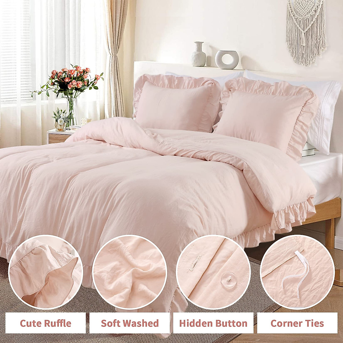 Fashionwu Duvet Cover Queen Size, Microfiber Ruffled Duvet Cover Set Soft and Breathable Queen Duvet Cover Set for All Season 3 Pieces (1 Duvet Cover, 2 Pillowcases), Pink