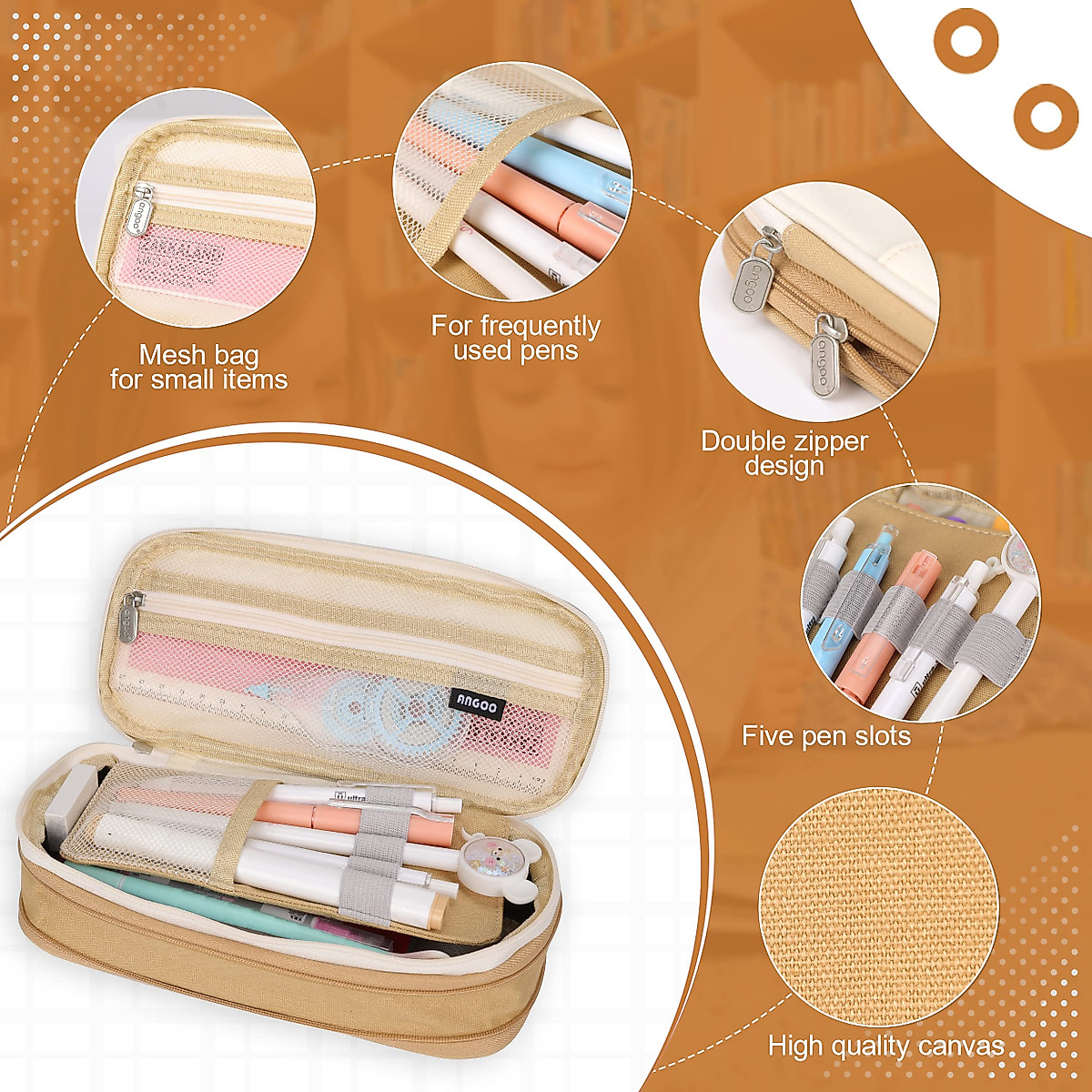 logwinter Pencil Case Large Capacity Pencil Box For School Student Kid Teen Back to School Pencil Bag Office College Supplies Pencil Pouch Box (Khaki)