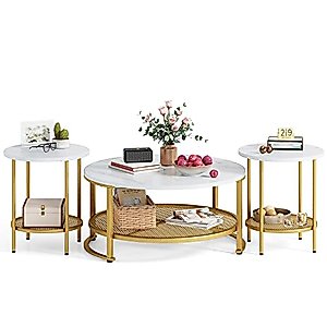 LINSY Home Round Coffee Table Set of 3 for Living Room, Modern Coffee Table with Open Storage, Wood Surface Top & Sturdy Metal Legs Large Circle Coffee Table, White and Gold