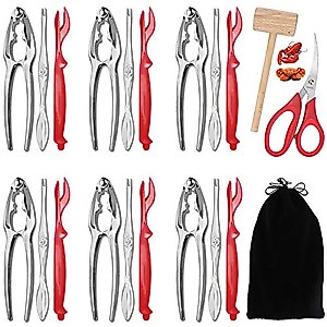 21 Pcs Crab Crackers and Tools, Seafood Tools Sets-6 Crab Crackers, 6 Red Forks, 6 Stainless Steel Lobster Shell Forks, 1 Seafood Scissors, 1 Lobster Crab Mallets and 1 Storage Bag