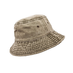 Bucket Hat, Wide Brim Washed Denim Cotton Outdoor Sun Hat Flat Top Cap for Fishing Hiking Beach Sports Khaki