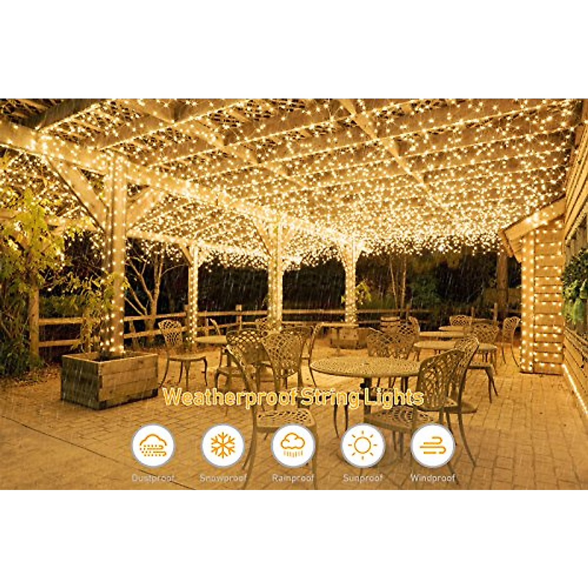 UPOOK Solar String Lights, 100LED Copper Wire Solar Fairy Lights 33Ft 8 Modes Waterproof Outdoor String Lights for Christmas Party Wedding Decoration Patio Garden Yard 2 Pack (Warm White 100LED)