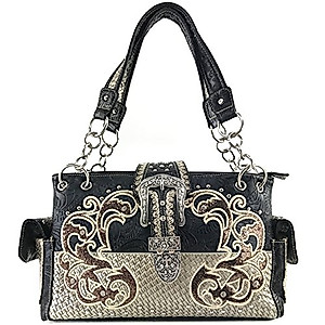 Justin West Gleaming Western Tooled Rhinestone Buckle Floral Embroidery Chain Shoulder Handbag Purse Concealed Carry (Black handbag and wallet)