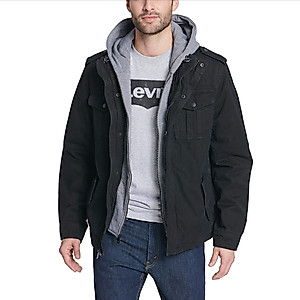 Levi's Men's Washed Cotton Military Jacket with Removable Hood (Standard and Big & Tall), Black, Medium