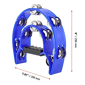 SINJEUN 4 Pack 10 Inch Double Row Tambourine, Metal Jingles Hand Held Percussion with Ergonomic Handle, 4 Colors Half Moon Musical Tambourine for Beginner, Church, KTV, Party