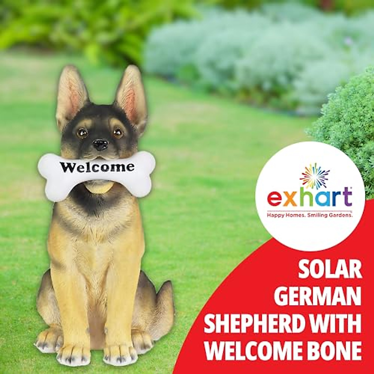 Exhart Garden Sculpture, Solar German Shepherd Dog Statue, LED Welcome Sign Bone, Outdoor Garden Decoration, 11.5 x 14.5 Inch