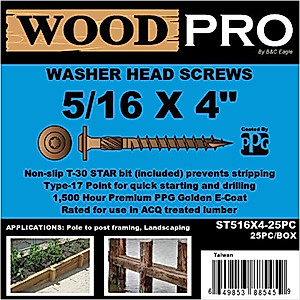 WoodPro Fasteners ST516X4-25PC 5/16-Inch by 4-Inch Length Round Washer Head Exterior Wood Screws, 25-Pack , Gold