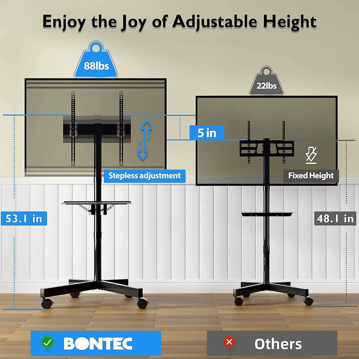 Mobile TV Cart for 23-60 Inch LED LCD Flat Curved Panel Screens TVs, Rolling TV Stand with Wheels Holds Up to 55lbs, Height Adjustable Portable Floor Stand with Media Shelf Tray, Max VESA 400x400mm