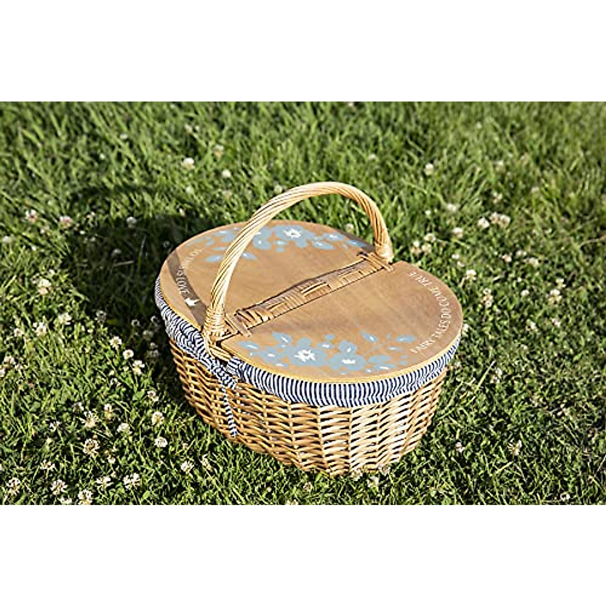 PICNIC TIME - Disney Cinderella Country Vintage Picnic Basket with Lid - Wicker Picnic Basket for 2, (Navy Blue & White Stripe)