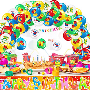 Harrycle 60 Pieces Building Blocks Birthday Party Balloons,brick Themed Latex Building Balloons Blocks Decorations for Kids Toddlers Birthday Party Supplies Decoration