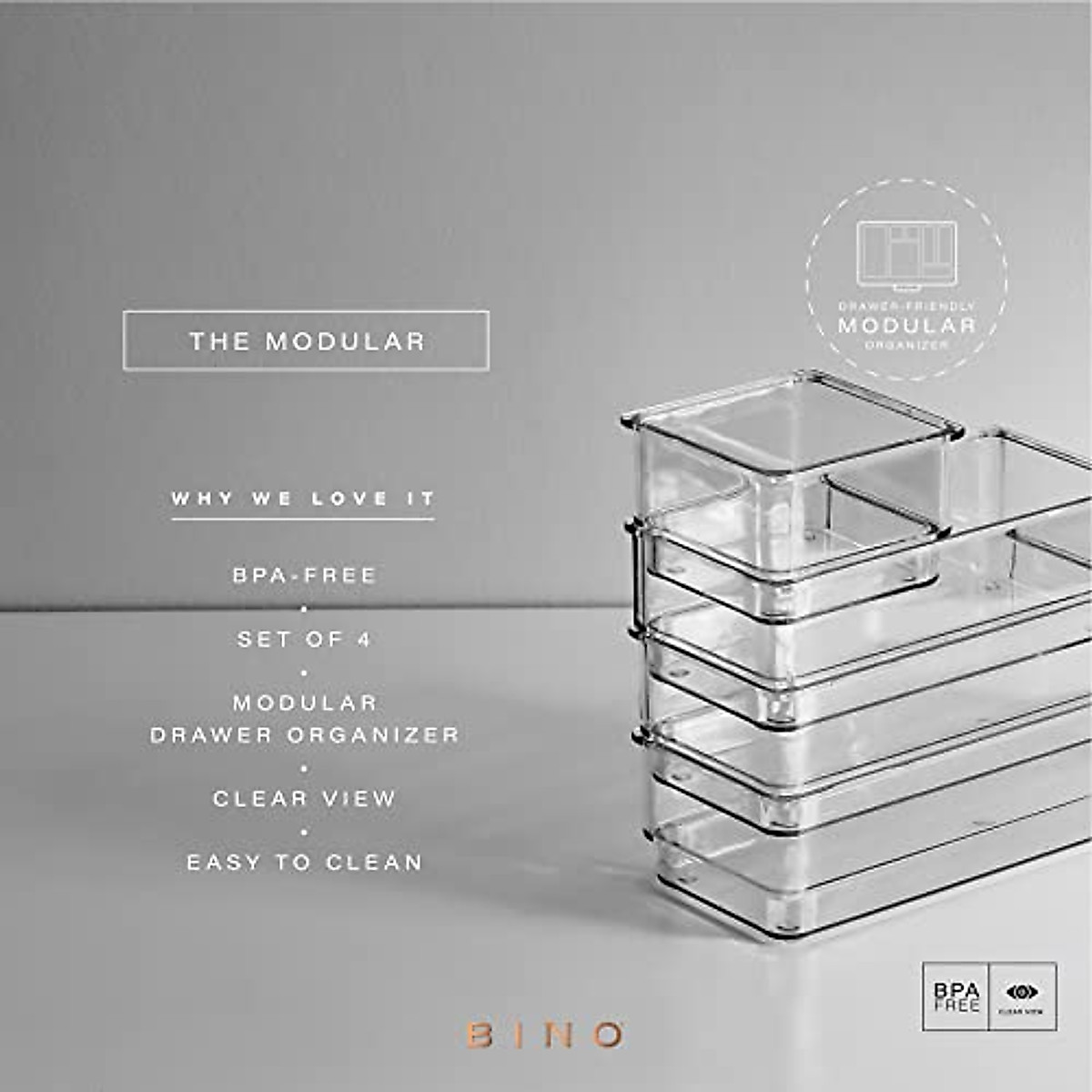 BINO 4-Piece Drawer Organizer Bin Set, Small | THE MODULAR | Multi-Purpose Storage | Durable | BPA-Free | Desk Drawer Organizer | Vanity Organizer | Bathroom Drawer Organizer | Makeup Drawer Organizer