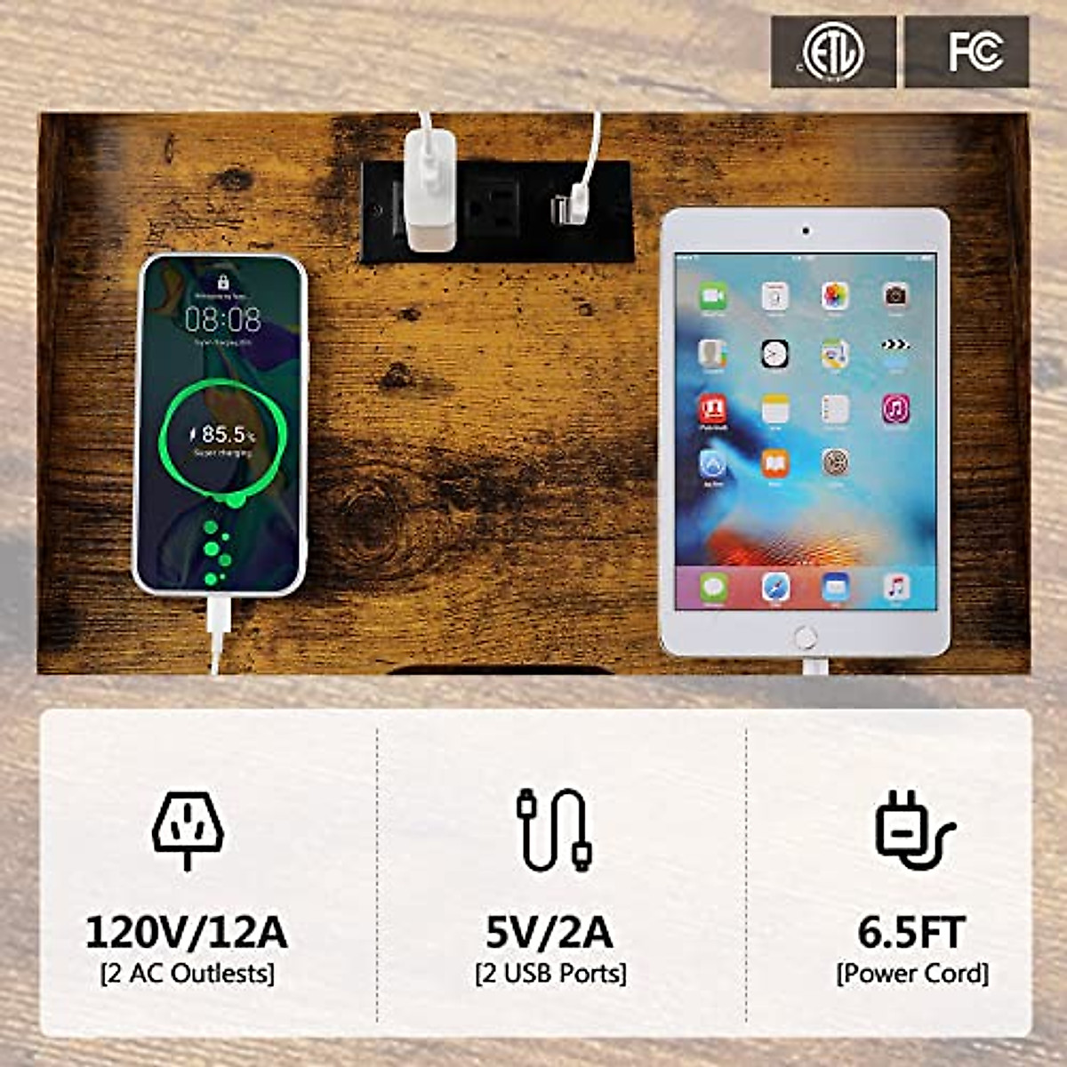 Nightstand with Charging Station, Side Table End Table with USB Ports and Power Outlets, Modern Bedside Night Stand for Bedroom, Living Room, Retro Brown 1-Pack