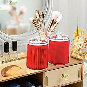 Gredecor 2 Pack Qtip Holder Clear Red Apothecary Jars with Lids Plastic Acrylic Bathroom Jars Vanity Countertop Canister Storage Organizer for Cotton Ball,Swabs,Pads,Floss