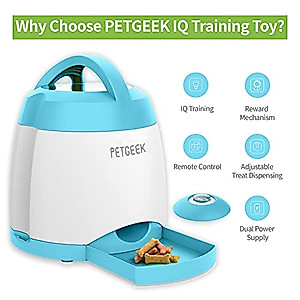 PETGEEK Automatic Dog Feeder Toy, Interactive Dog Puzzle Toys Treat Dispensing, Electronic Dog Food Dispenser Remote Control, Safe ABS Material Pet Toy for All Breeds of Dogs, Blue Color