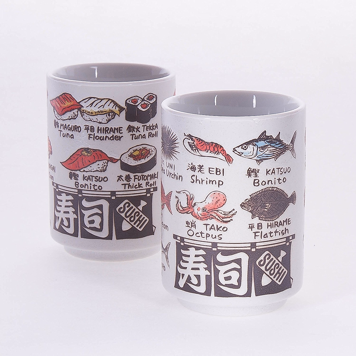 Japanese tea cup, Sushi-yunomi, ceramic, printed sushi and fish names and by English and Kanji, set of 2