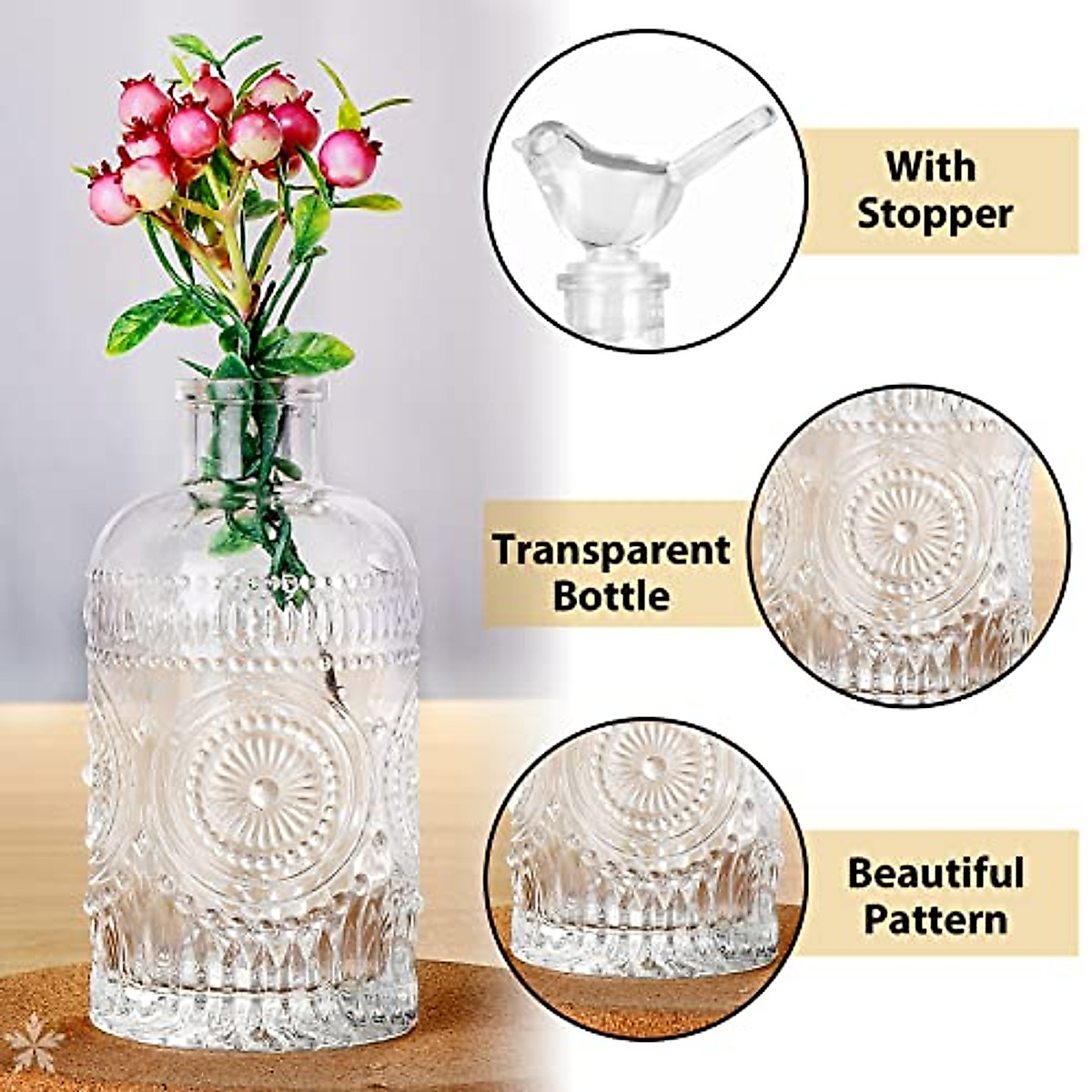 Gift Set-Diffuser Glass Bottles Decorative Bottles Vases Set of 4 Empty Clear DIY Fragrance Reed Diffuser Storage Bottle with Reeds Sticks for Home Office Desk Decoration Wedding Valentine Girl Women