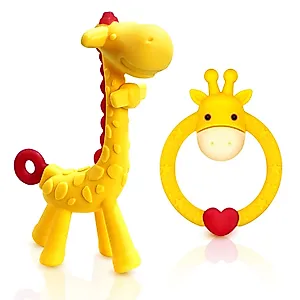 SHARE&CARE BPA Free Silicone Giraffe Baby Teether Toy with Storage Case, for 3 Months Above Infant Sore Gums Pain Relief and Baby Shower, Baby Teething Toys (Yellow)