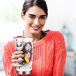 LAZYKITTY Nightmare Before Christmas Tumbler Cup with Straws and Lid, Jack and Sally Nightmare Before Christmas Gift for Women Friend Wife Daughter, Double-wall Stainless Steel Vacuum Insulated, 20 Oz
