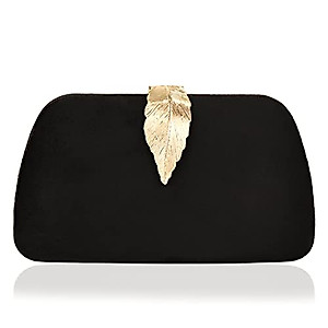 Milisente Clutch Purses For Women, Solid Soft Suede Evening Clutch Bag Shoulder Bag With Metallic Leaves Clasp(Black)