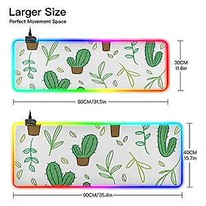 Large RGB Gaming Mouse Pad Cactus Plants Editorial Decoration Purposes Glowing Extended Mousepad 35.4x15.7in, Soft Anti-Slip Rubber Base Luminous Mouse Mat for Pc Laptop, Gaming, Office, Home