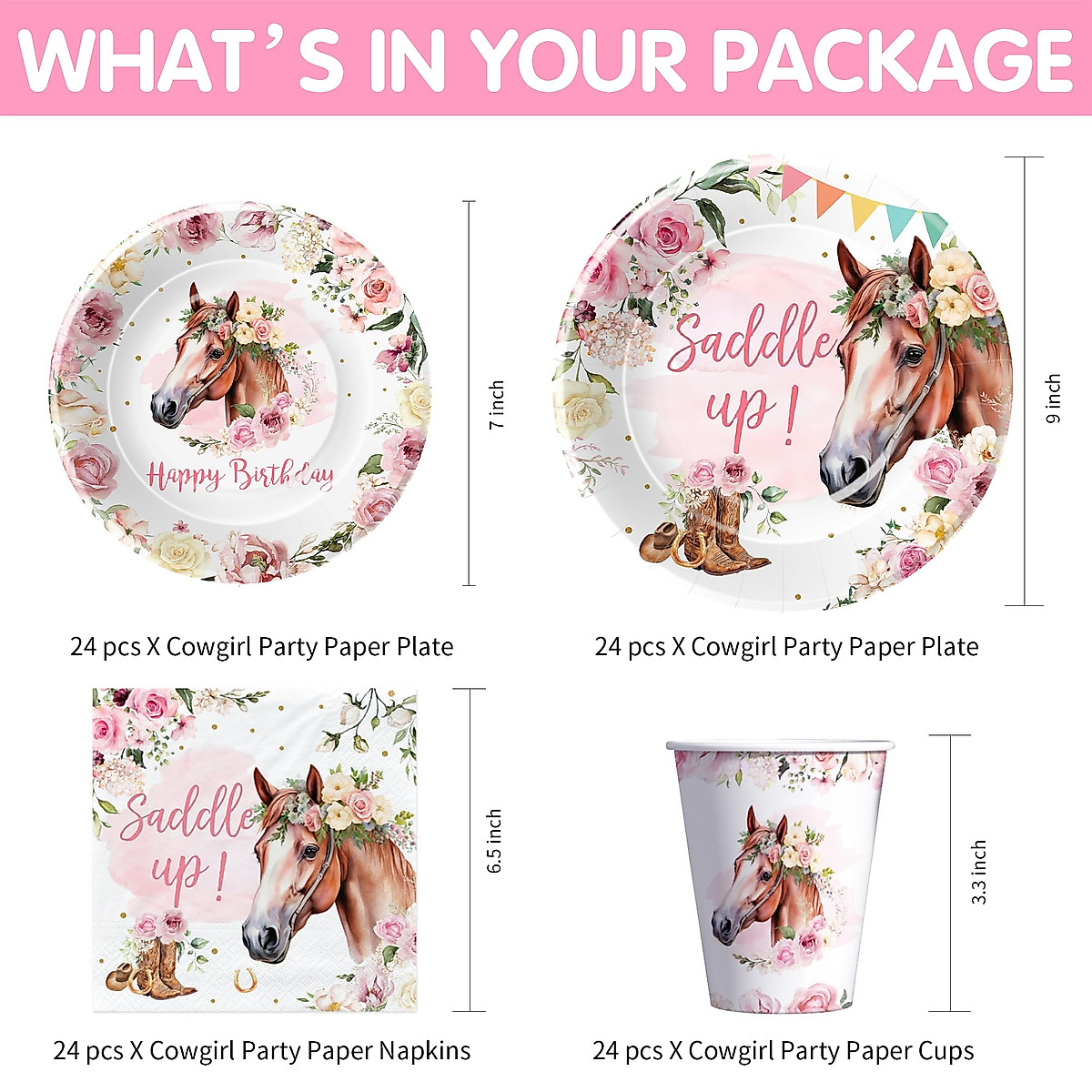 HIPVVILD Cowgirl Party Decorations Tableware - Horse Theme Saddle Up Western Party Supplies, Plate, Cup, Napkin, Cutlery, Tablecloth, Wild West Cowgirl Birthday Baby Shower Decorations | Serve 24