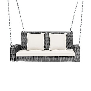 RELAX4LIFE 2-Person Porch Swing Bench - PE Rattan Outdoor Swing Chair with Comfortable Seat & Back Cushions, Rustproof Metal Chains, Patio Loveseat Swing for Balcony, Garden, Yard, 800 LBS (Off White)