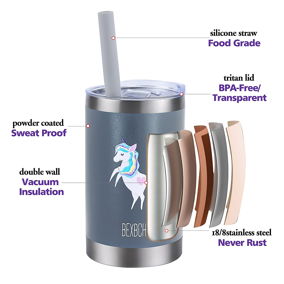 Bexbchh Kids Straw Cups with Lid - 12oz Vacuum Stainless Steel Insulated Tumbler for Kids - BPA FREE Smoothie Drinking Cup with Leak Proof Lid - Spill Proof Sippy Cups with Straw(Unicorn)