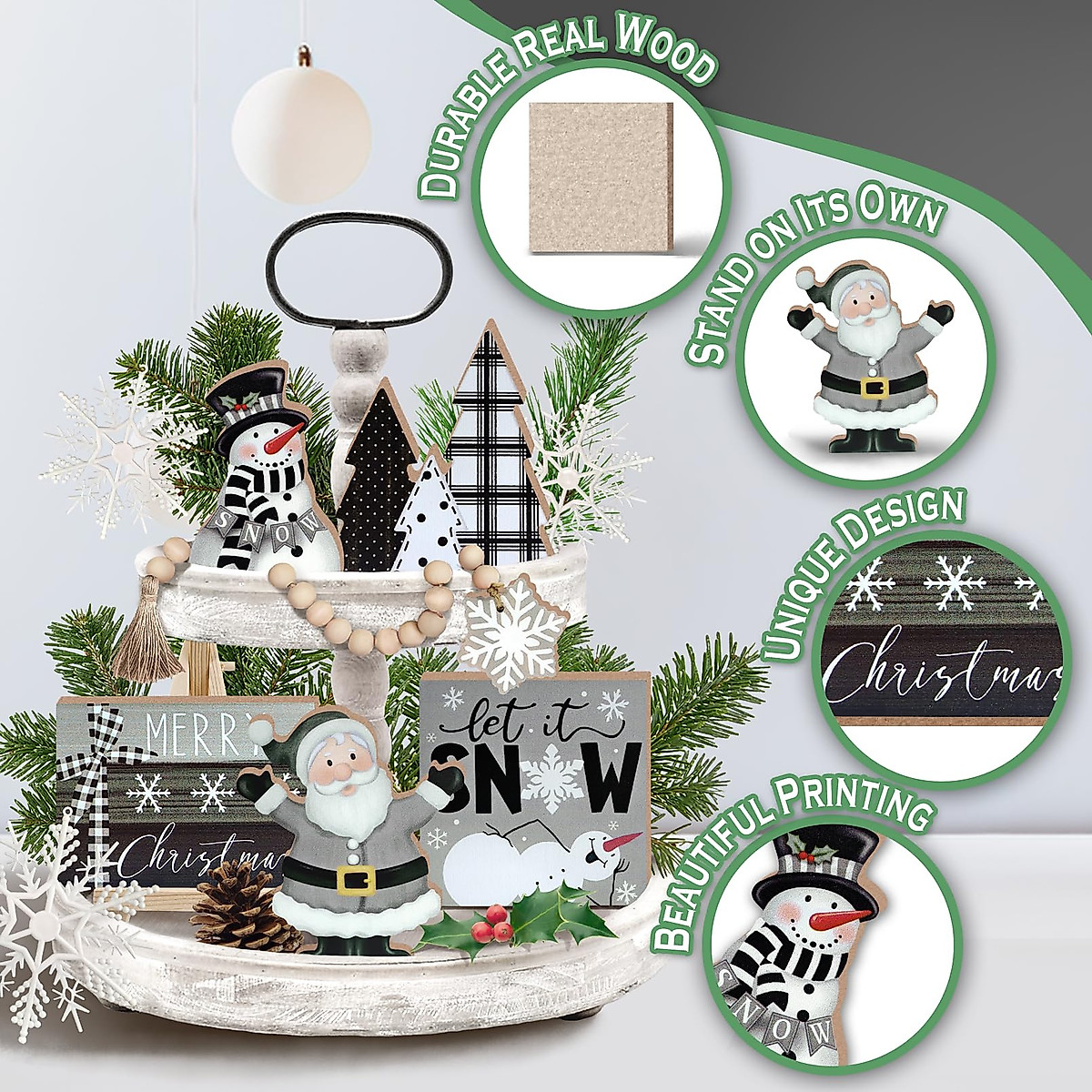 Uruney Merry Christmas Tiered Tray Decor, Grey Xmas Tree Santa Tray Decorations, Gray Snowman Snowflake Let It Snow Wooden Signs, Holiday Rustic Farmhouse Home Decor for Table Shelf Mantel Party