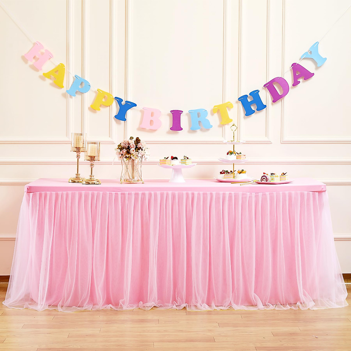 Suppromo 6ft Pink Tablecloth with Tulle Table Skirt for Rectangle Tables 3 Sides Pink Tutu Table Cover for Baby Shower Girls Birthday Party Wedding Dessert Cake Table Decorations