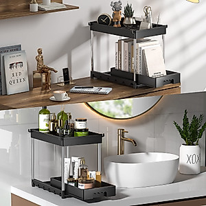 DUSASA Under Sink Organizer and Storage with Sliding Drawer, 2 Tier Black Plastic Cabinet Basket Organizer with Hooks, Under Cabinet Storage for Bathroom Kitchen