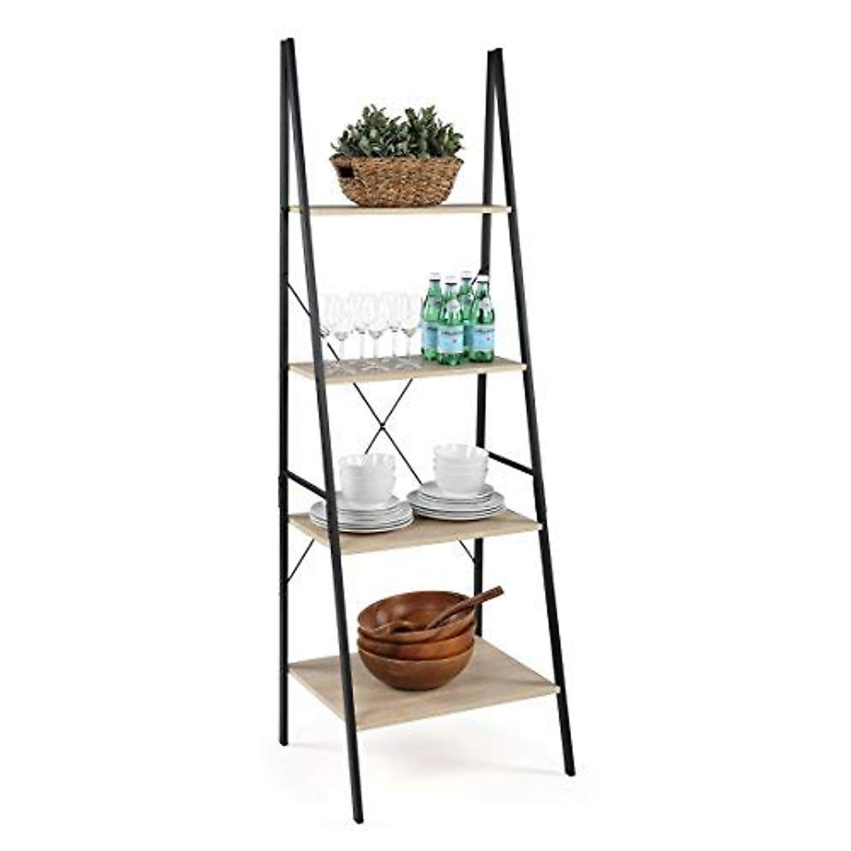 Humble Crew Bookcase 4-Tier 71" Tall Wood Ladder Shelf, Sandwashed Grey