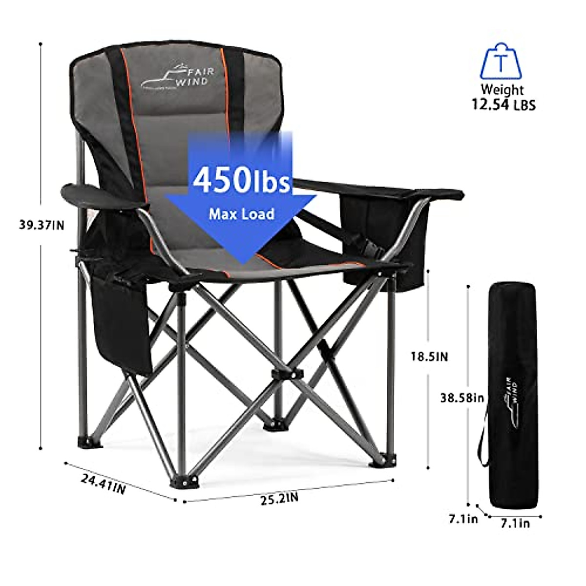 FAIR WIND Oversized Fully Padded Camping Chair with Lumbar Support, Heavy Duty Quad Fold Chair Arm Chair with Cooler Bag - Support 450 LBS