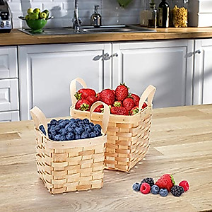 Okllen Set of 3 Small Woodchip Basket with Handles, Wooden Woven Baskets Handmade Wicker Baskets, Empty Storage Basket Container for Organizing Pantry, Closet, Toy, Wedding Stuff, Square, 3 Sizes