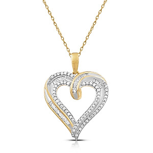 Jewelili 10k Yellow Gold Heart Shape Pendant Necklace with Natural White Round and Baguette Diamonds, 1/4 cttw, 18" Rope Chain